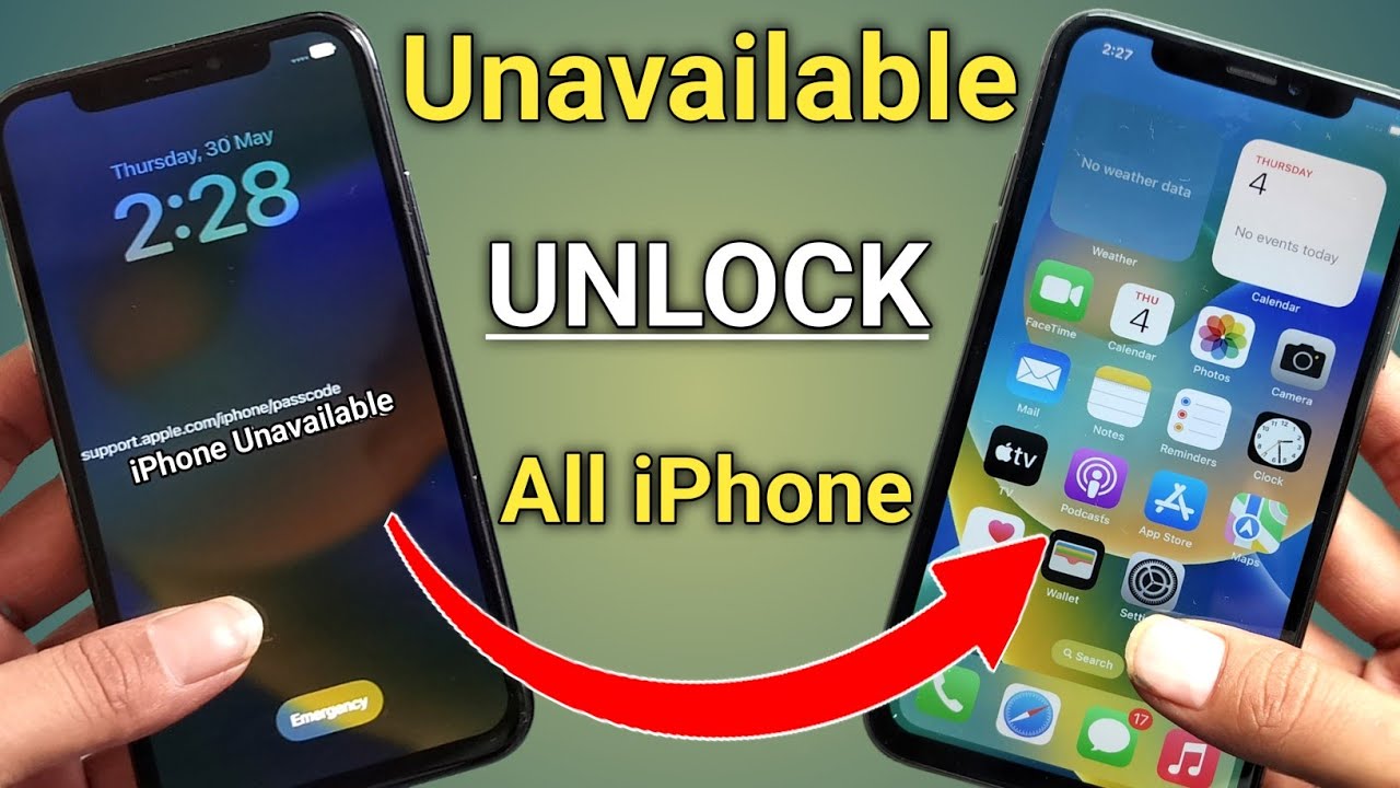 iphone unavailable lock screen 6S, 7, 8, X, XR, XS, 11, 11PRO, 12, 13 ...