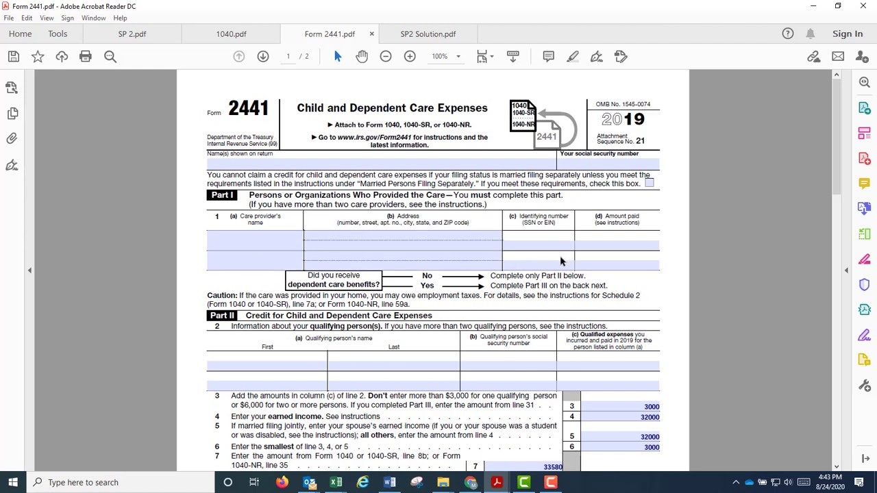 Sample Problem 2 Video III Child Dependent Care Credit and Form 2441 ...