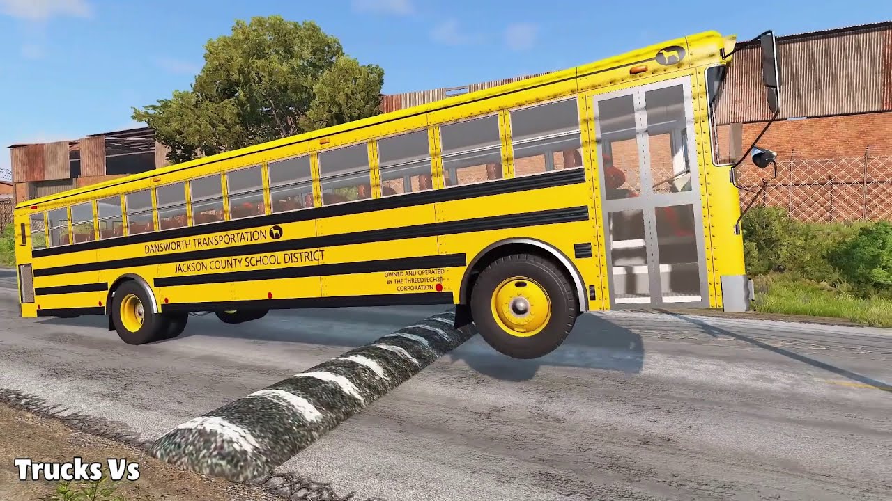 SCHOOL BUS, LONG BUS, TRUCKS Vs MASSIVE SPEED BUMPS - BeamNG.Drive ...