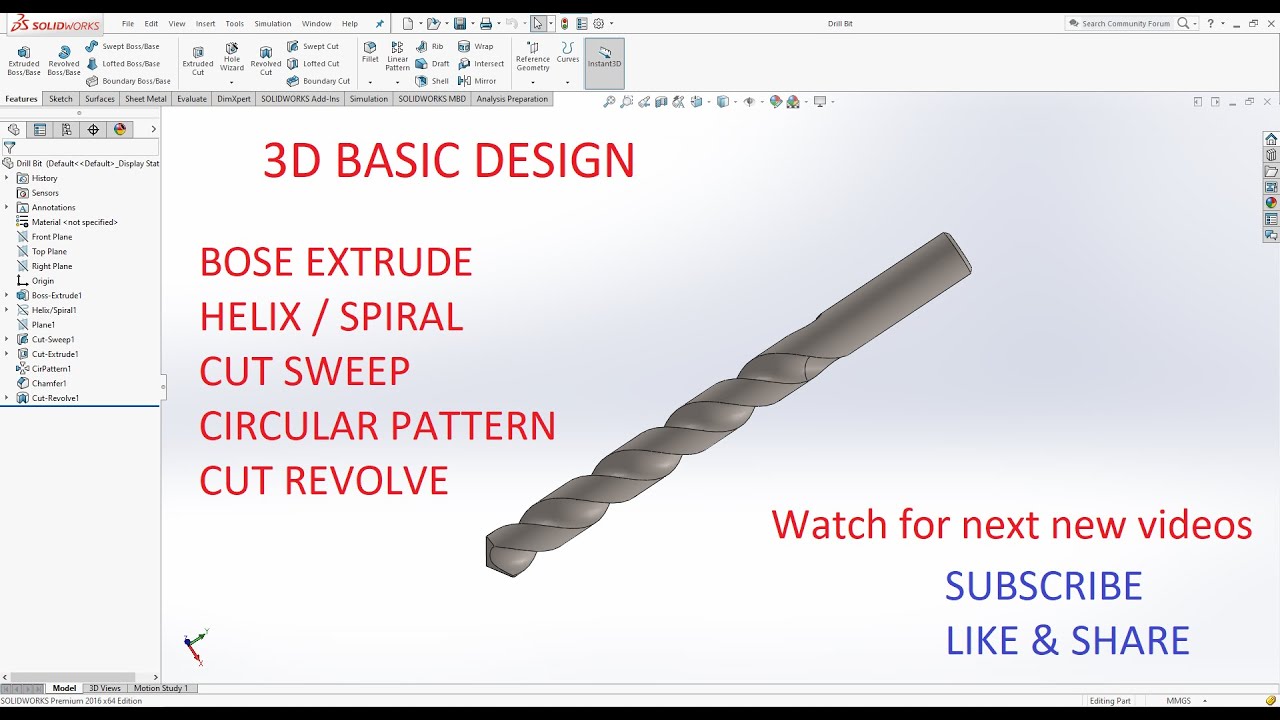 Solidworks CAD Design - Exercise - 58 ( Drill Bit ) - YouTube
