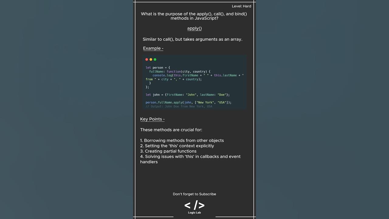 JavaScript Interview Question: Purpose of call(), apply() and bind() #javascriptinterview #js ...