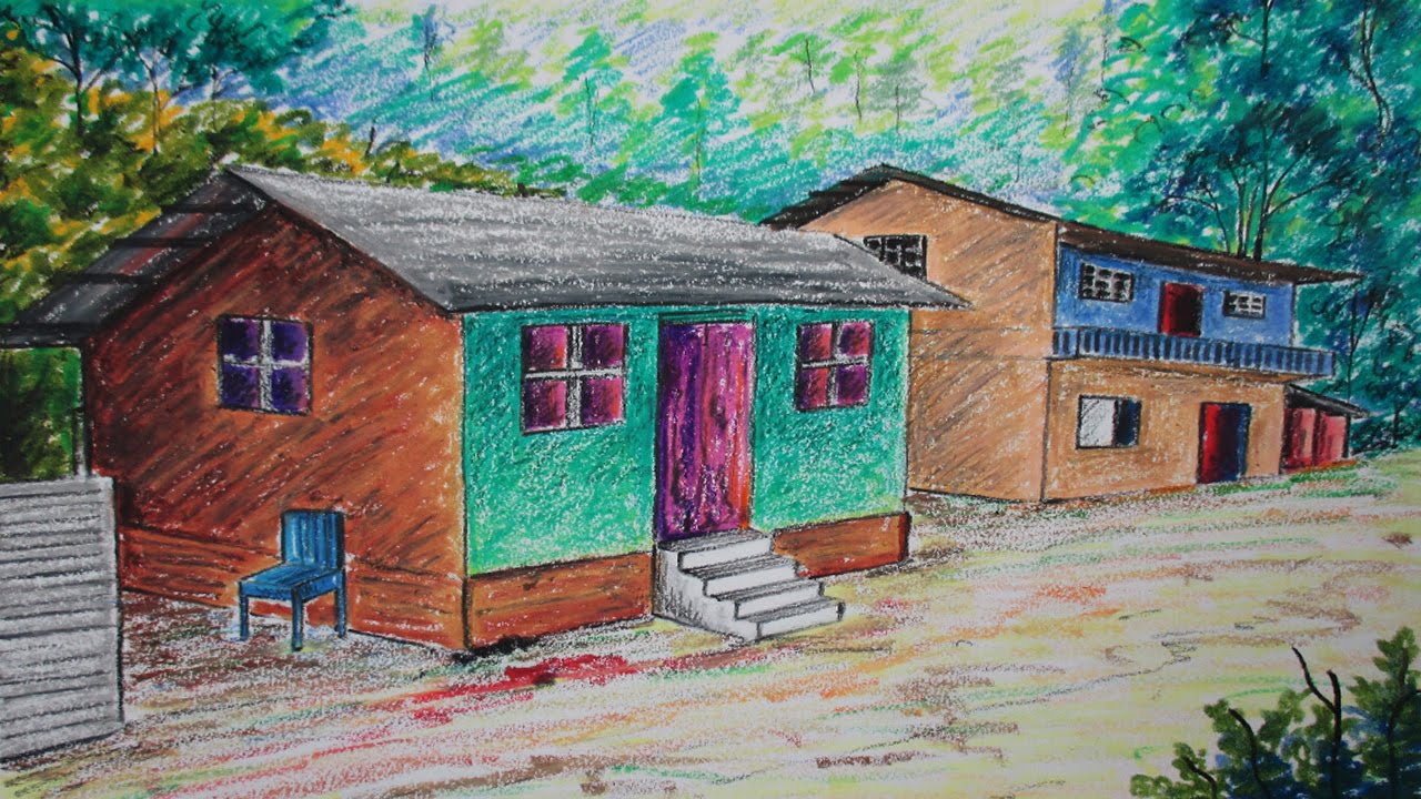 How to Draw a Forest House Landscape in Oil Pastel - YouTube