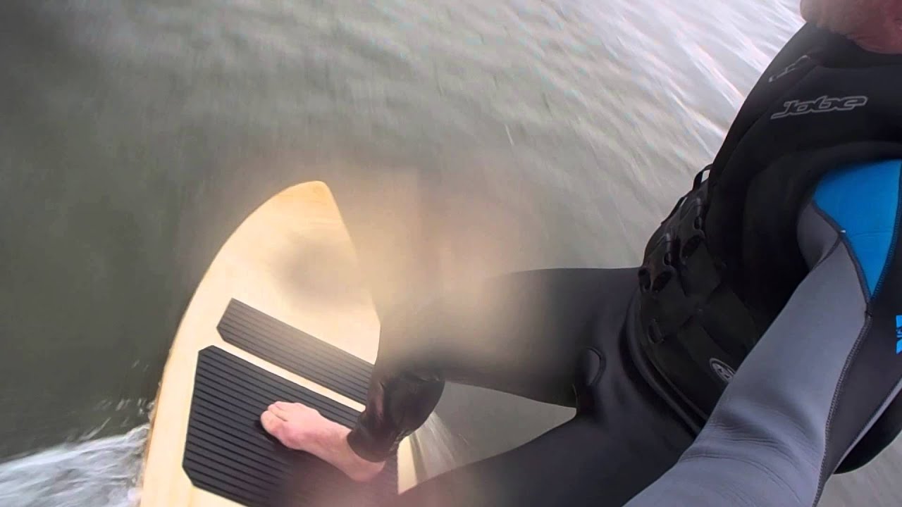 lake surfing at cable with a home made wooden wake surf board/test ...