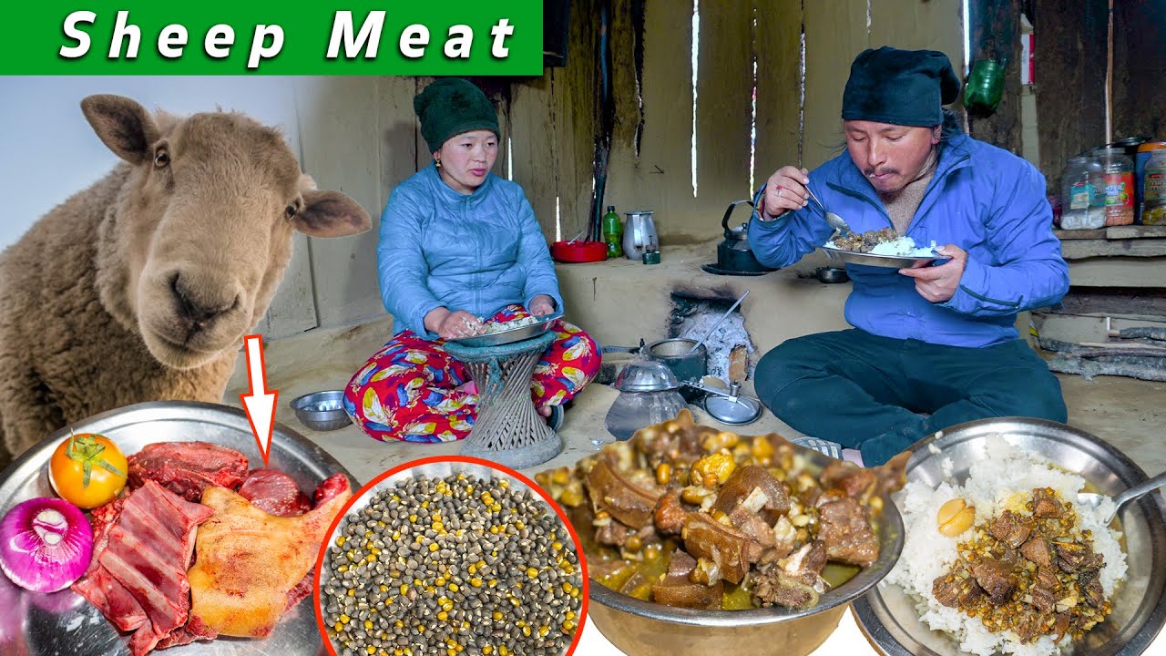 Sheep Meat & Small Beans mix Curry with Rice | Village Lamb Meat recipe ...