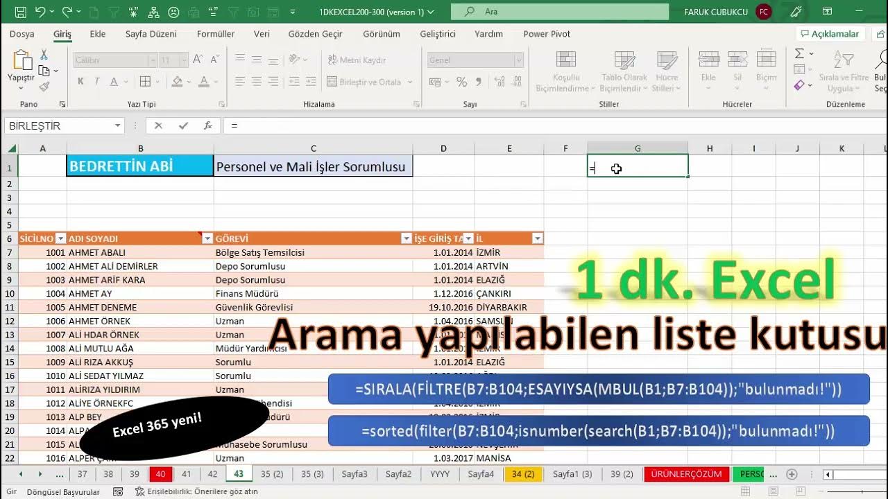Excel 1 Dakika - Arama Yapılabilen Liste Kutusu - YouTube
