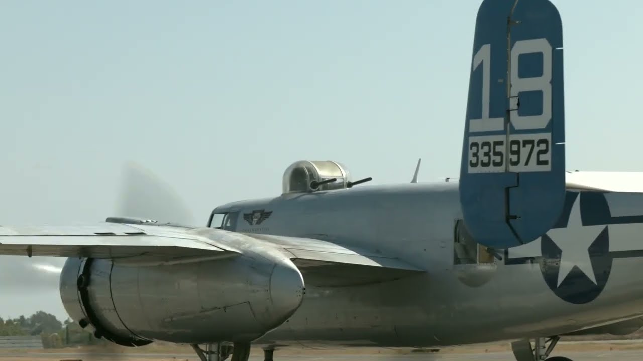 B-25J Mitchell “Maid in the Shade” rolling around Hayward, California ...