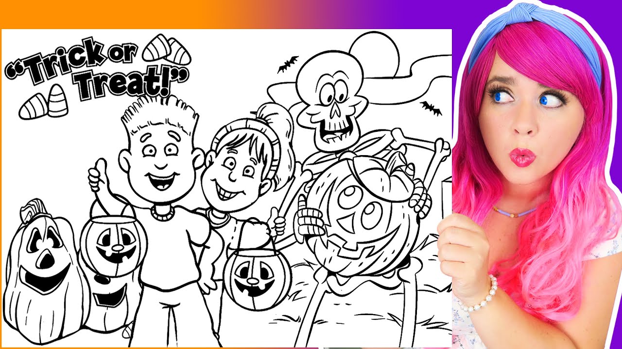 Coloring Halloween Skeleton, Pumpkins & Trick-or-Treaters Coloring ...