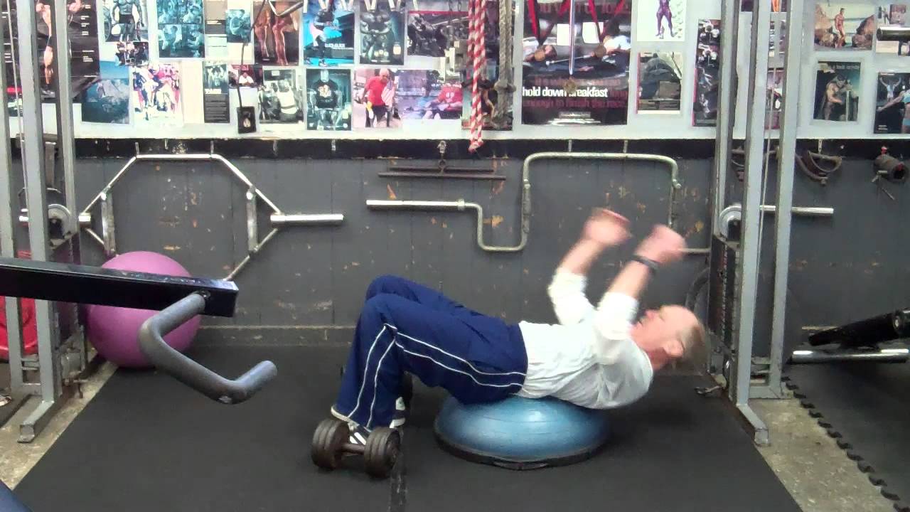 BOSU sit up, stand up with DB's - YouTube