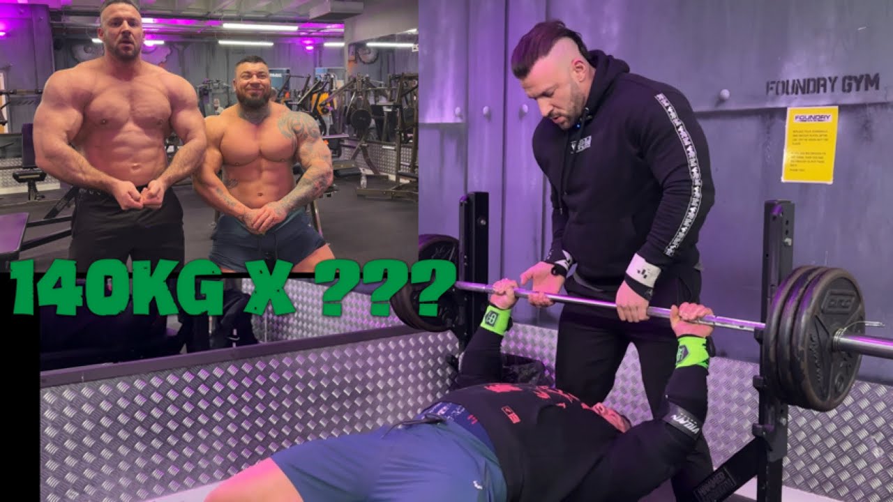 TWO SUPERHEAVYWEIGHT BODYBUILDERS REP 140kg on the bench for MAX REPS ...