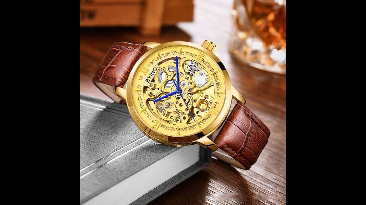 Đồng hồ nam Byino 8222 cơ tự động lộ máy dây da thời trang (Mặt vàng ...