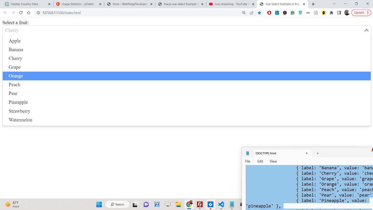 Vuejs Vue Select Example To Display The Selected Value From The Dropdown Input Field In Browser 5699
