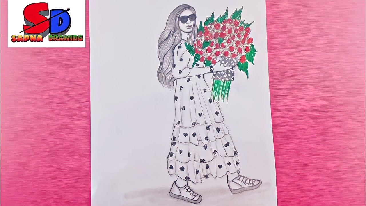 how to draw a girl with holding flowers - Drawing easy | pencil sketch ...