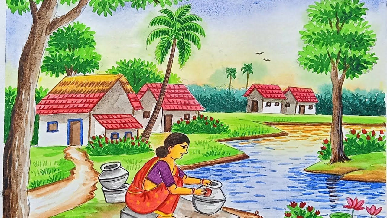 Beautiful Indian Village Scenery Drawing | Indian Village Scenery ...