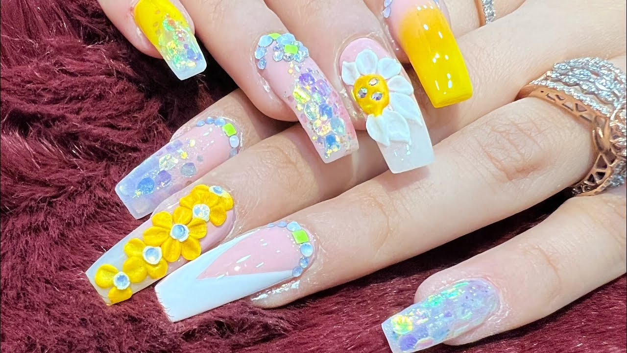 DIY Yellow Nails for Summer With 3D flower art & Gel Nail Extensions ...