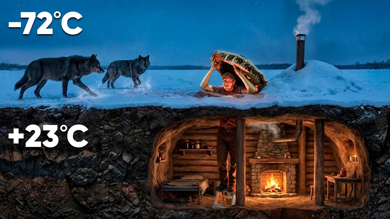 -72°C Snowstorm Survival ️ Building a Dugout Shelter & Bushcraft Camp ...