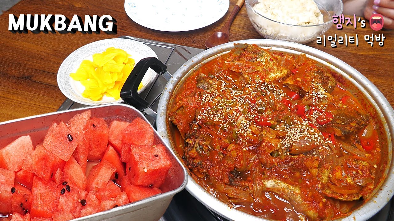 리얼먹방:) 매콤달콤 코다리조림 만들기 ★ 디저트는 수박!! ㅣKodari-jorim (braised pollack)ㅣREAL ...
