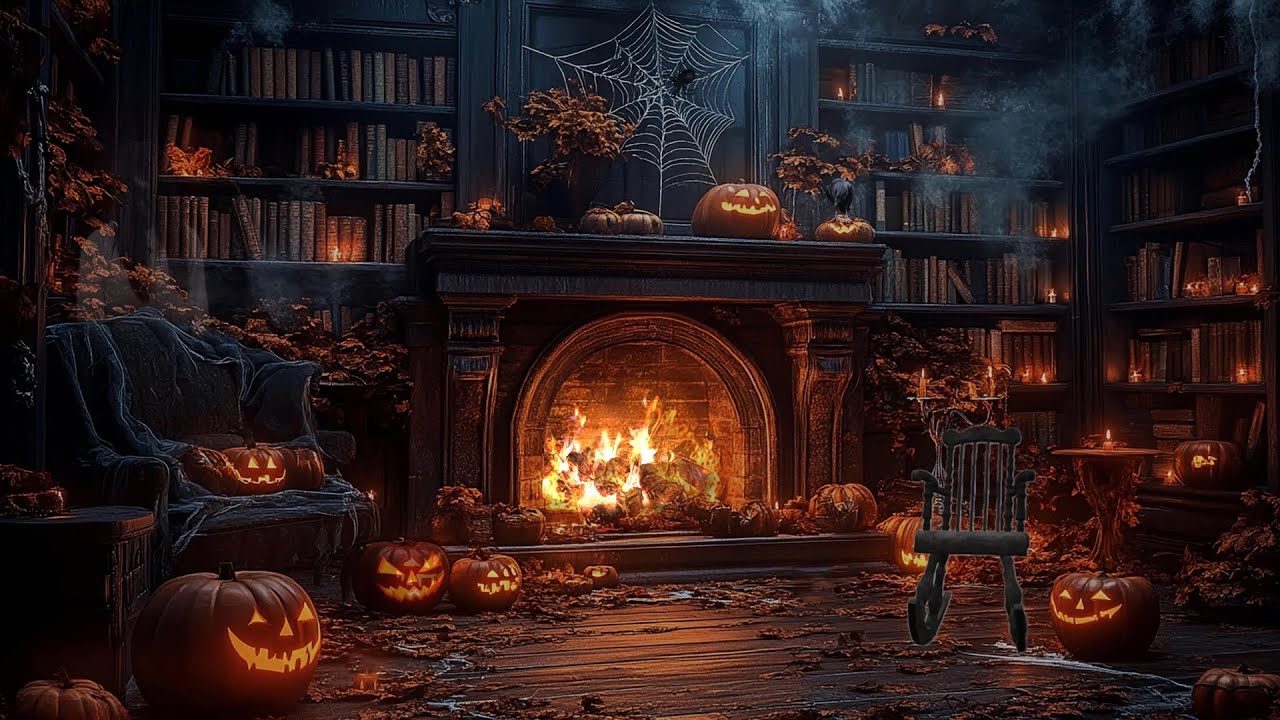 Cozy haunted house on Halloween night with crackling fireplace and ...