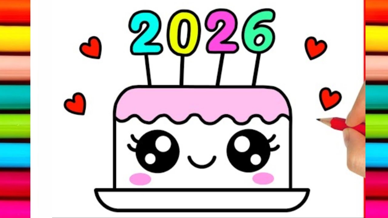 Happy New Year Cute cake 🎂|| easy drawing, painting, coloring for kids ...