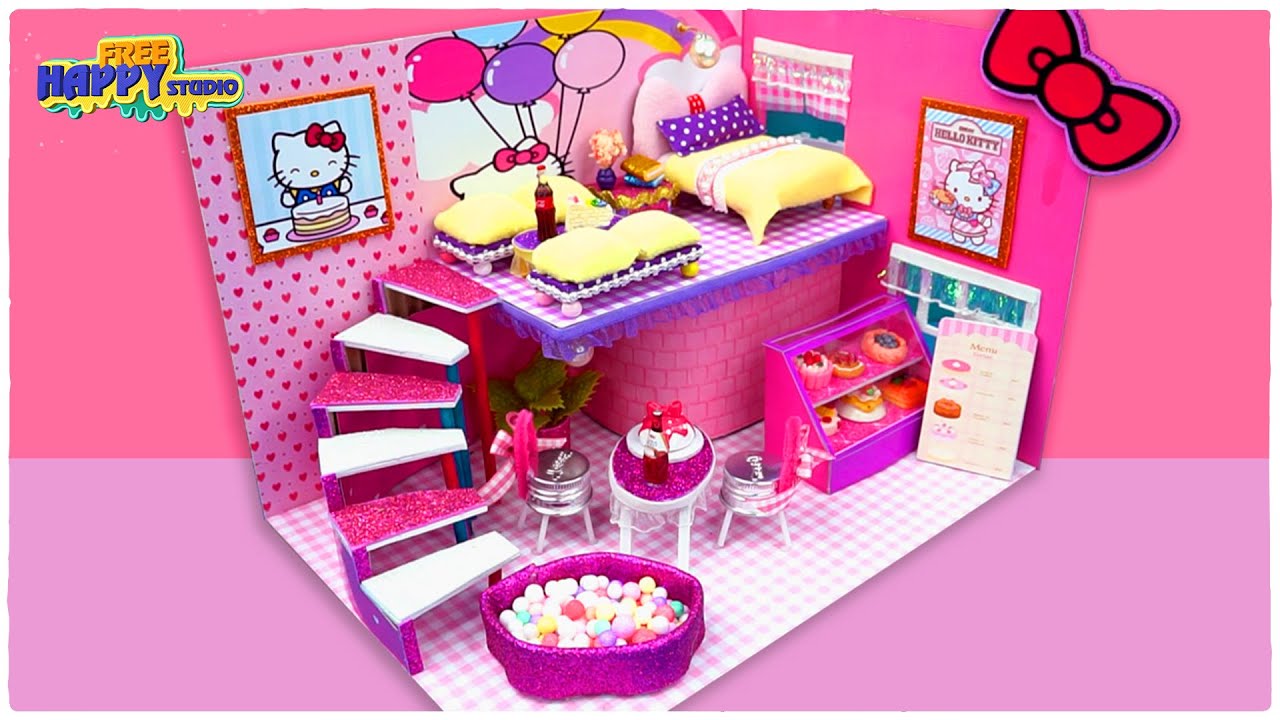 How to Make Miniature DIY Cute Pink Hello Kitty Cardboard House with ...