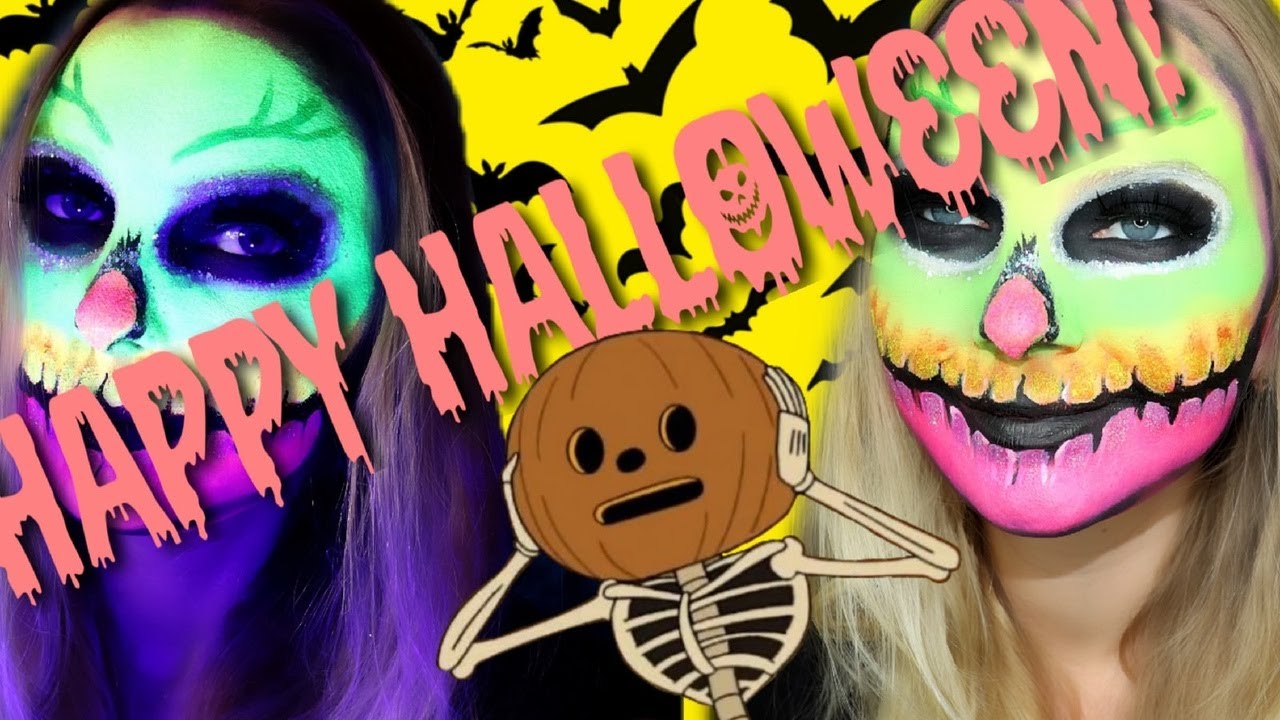 МАКИЯЖ НА ХЭЛЛОУИН | HALLOWEEN MAKEUP TUTORIAL | EASY NEON SKULL MAKEUP ...