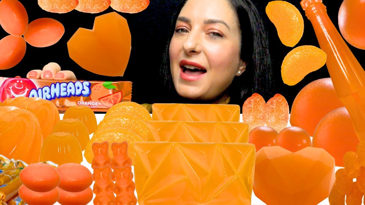 ASMR ORANGE SWEETS, AIRHEADS, SOUR PATCH KIDS, CARE BEARS GUMMY BEARS, JELLY, EATING, MUKBANG ...