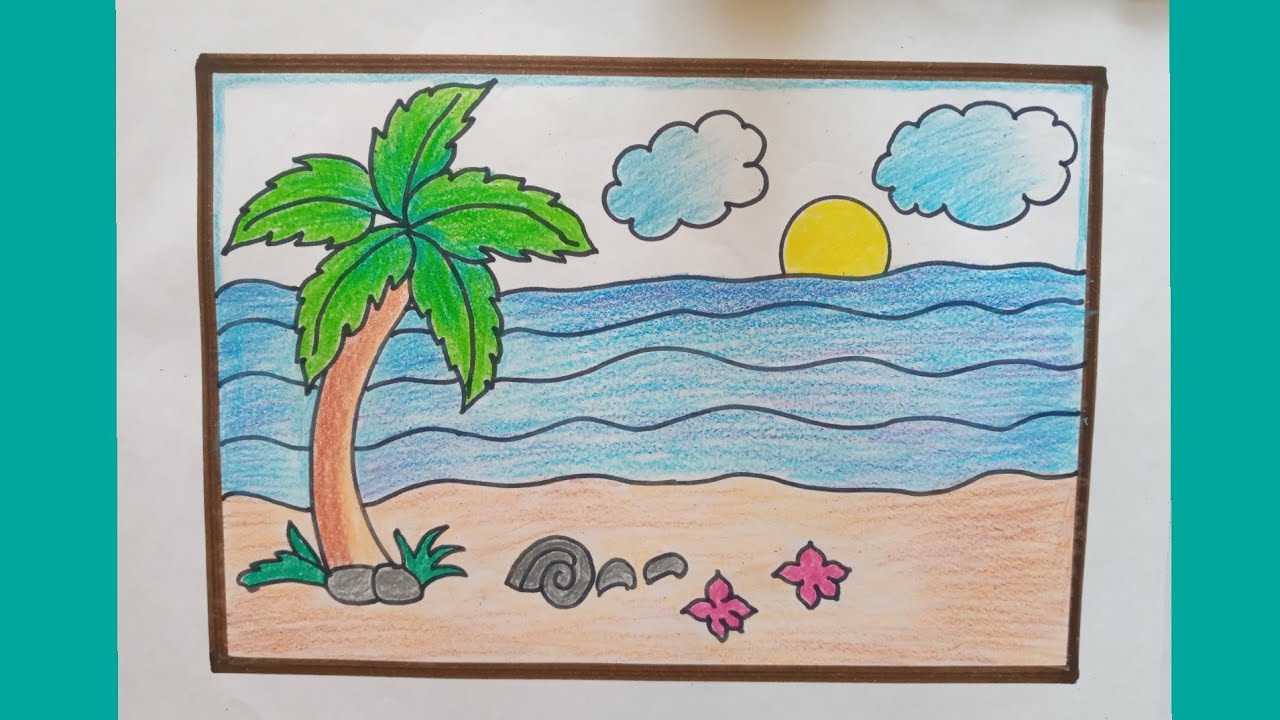 Scenery drawing |Sea beach Scenery drawing |Easy drawing |Drawing for ...