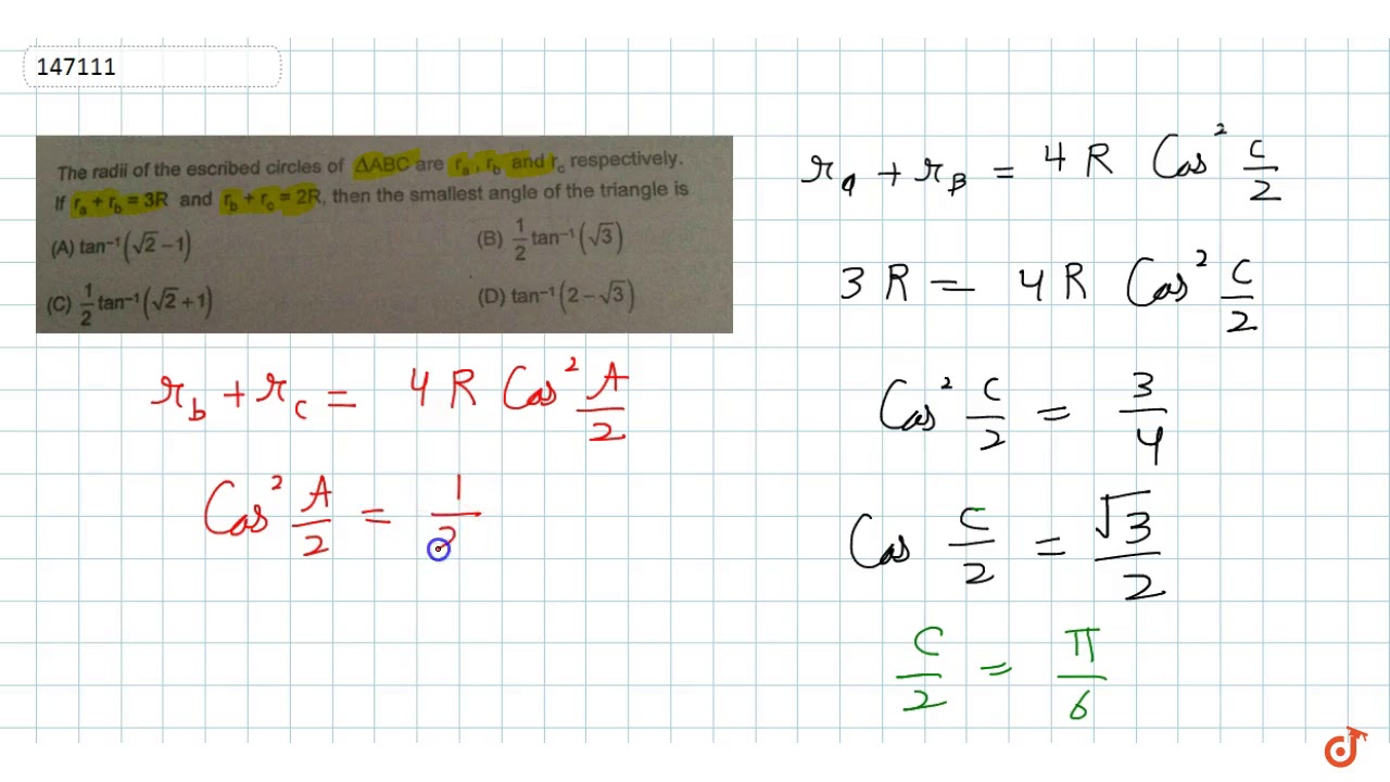 The radii of the escribed circles of `DeltaABC` are `r_a ,r_b and r_c ...