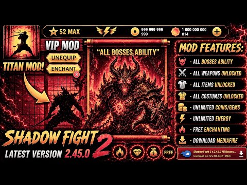 Shadow Fight 2 MOD APK v2.45.0 | Max Level 99 + All Boss Weapons & Unlimited Gems