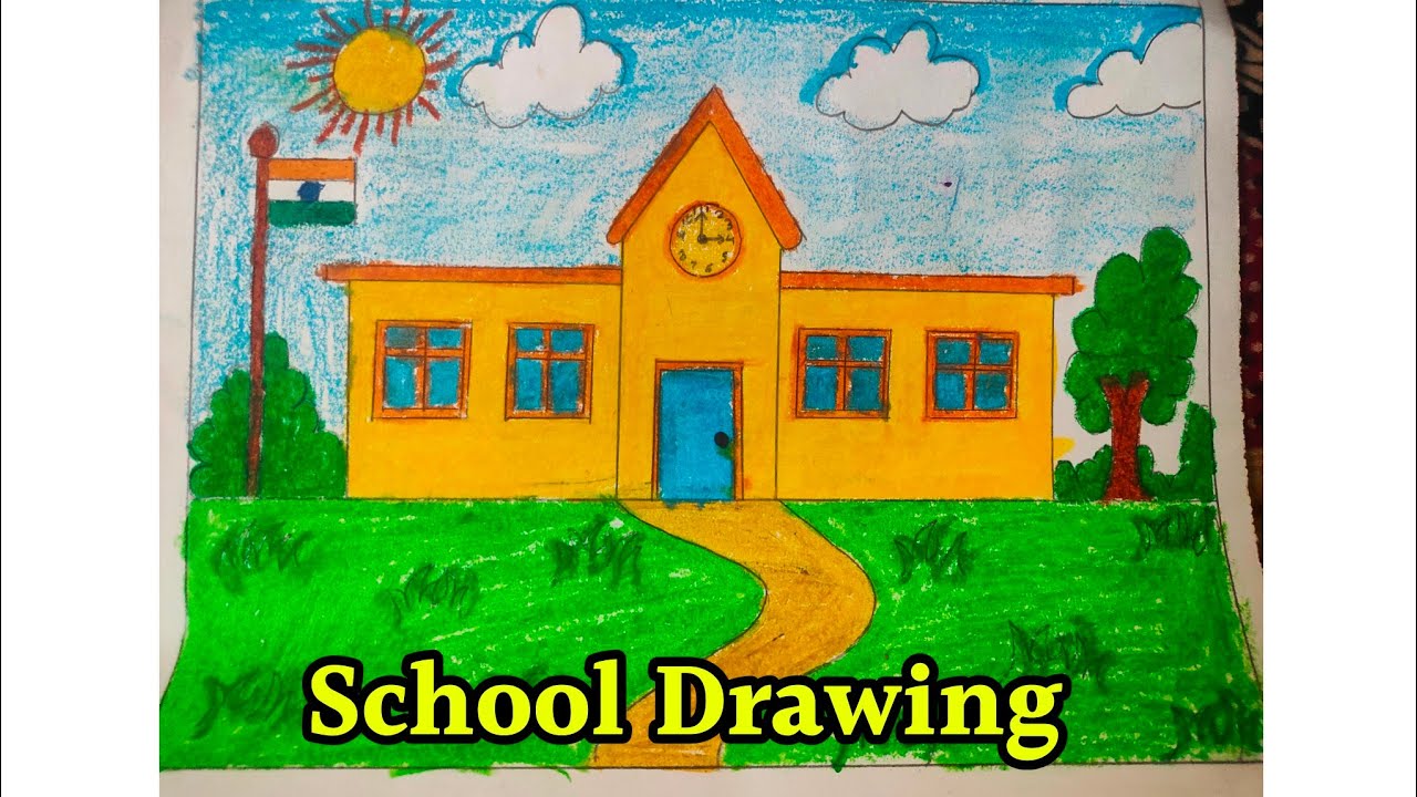 My School Drawing With Pencil | 🏫School Scenery Drawing | Easy School ...