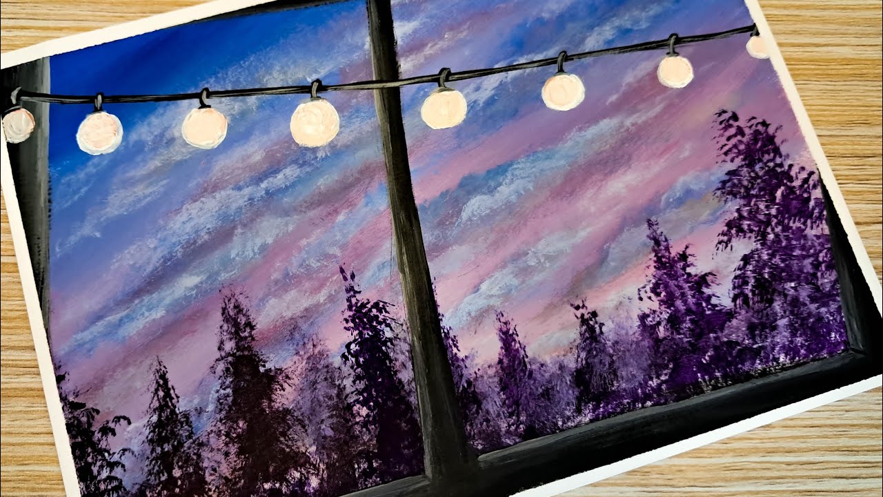 String light painting/window view evening painting/Acrylic Painting ...