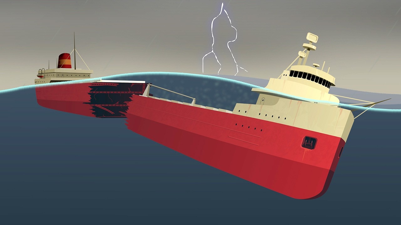 Shipwreck animation, cargo ship Edmund Fitzgerald sinks during storm ...