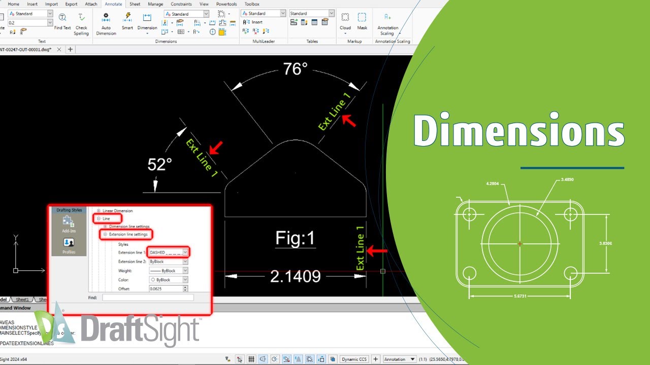 Change LineStyle of Dimension Extension Line 1 in Dimension Style - YouTube