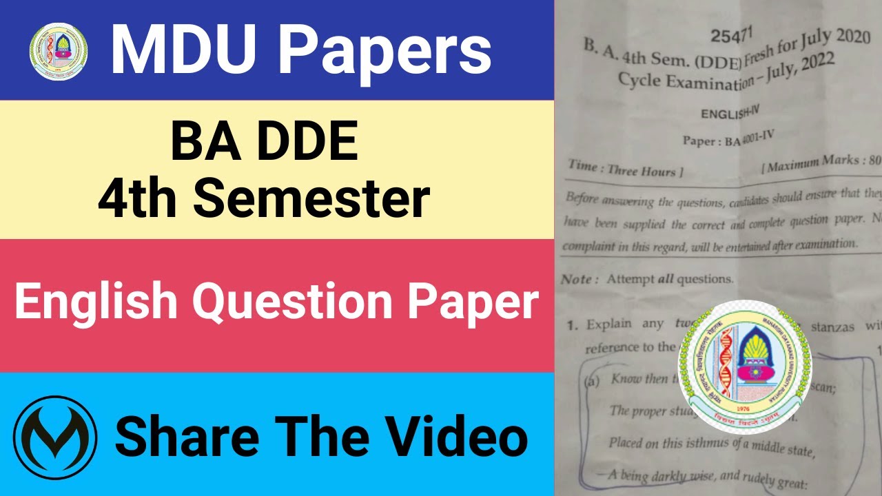 MDU DDE BA 4th Semester English Previous Year Question Paper | #mdu ...