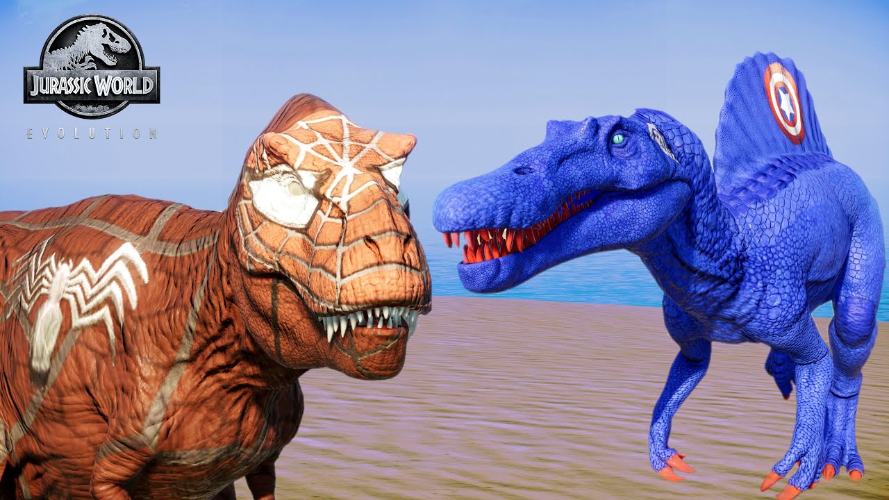 Captain America Spinosaurus vs Spiderman T-Rex vs Venom Indominus Rex ...