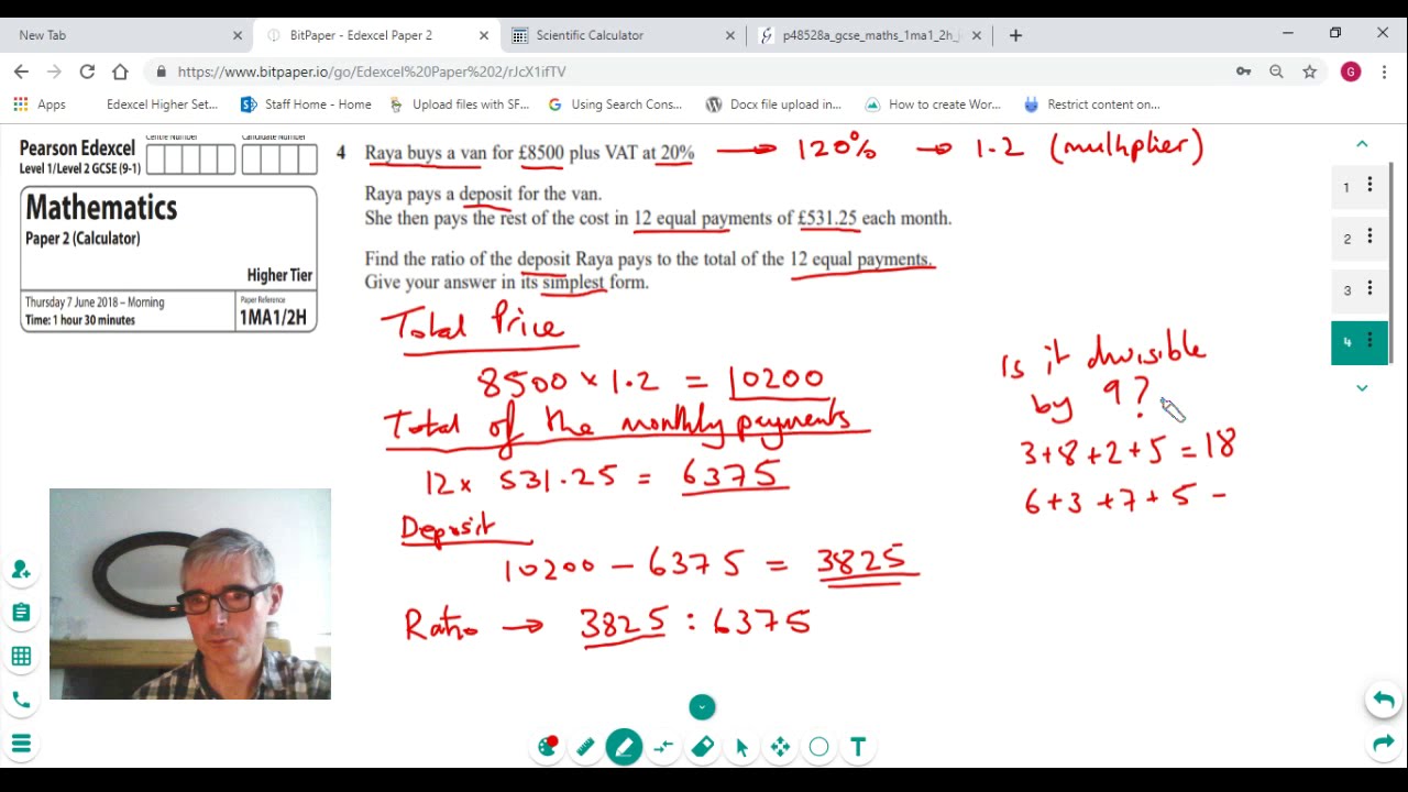4 Percentages and ratio, Edexcel 2018 GCSE Maths Higher Tier Paper 2 ...