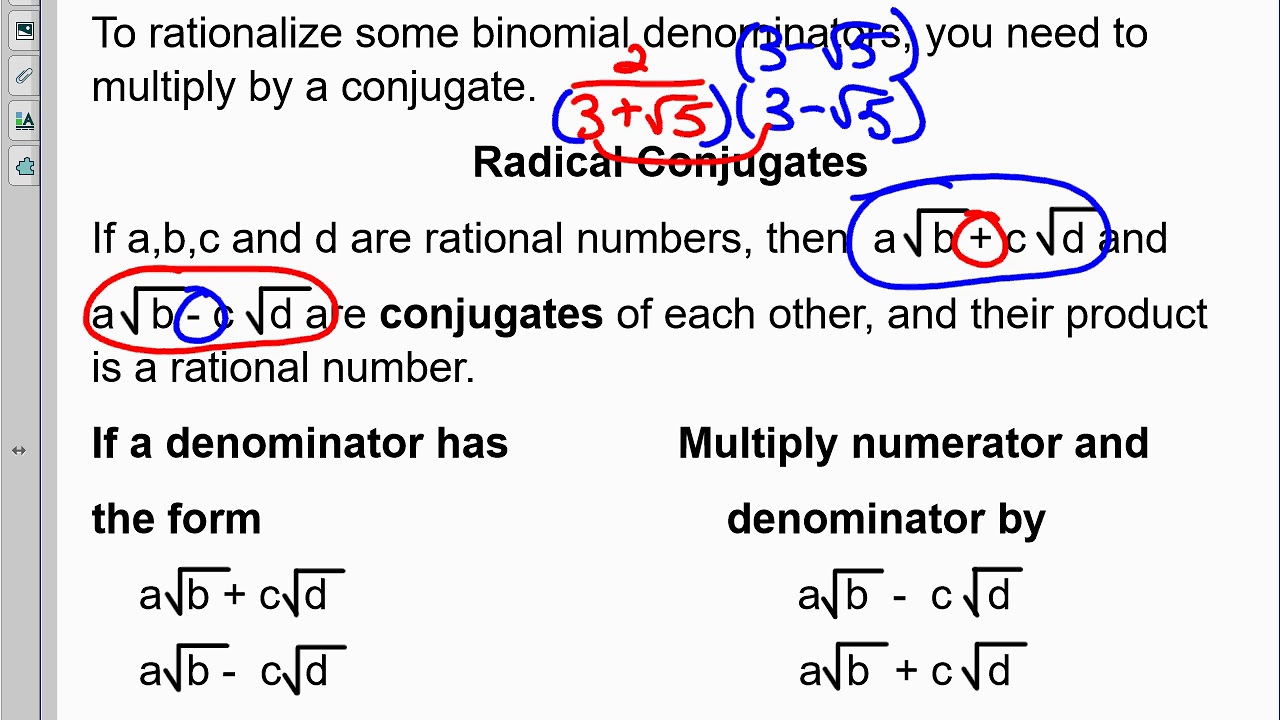 Algebra 2 Lesson 44 rationalizing denominators - YouTube