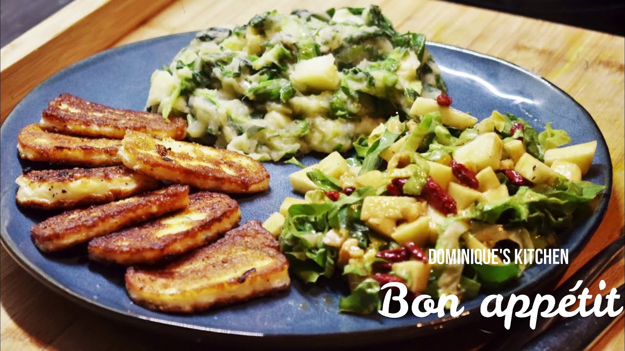 Endive stew with fried halloumi, apple salad and honey mustard dressing ...