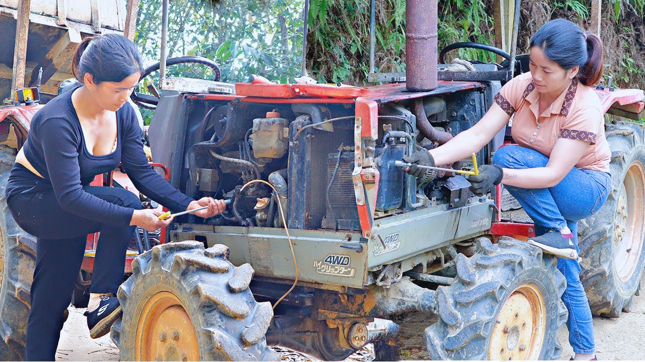 Mechanic girl repairs and restores complete tractor, mechanical genius ...