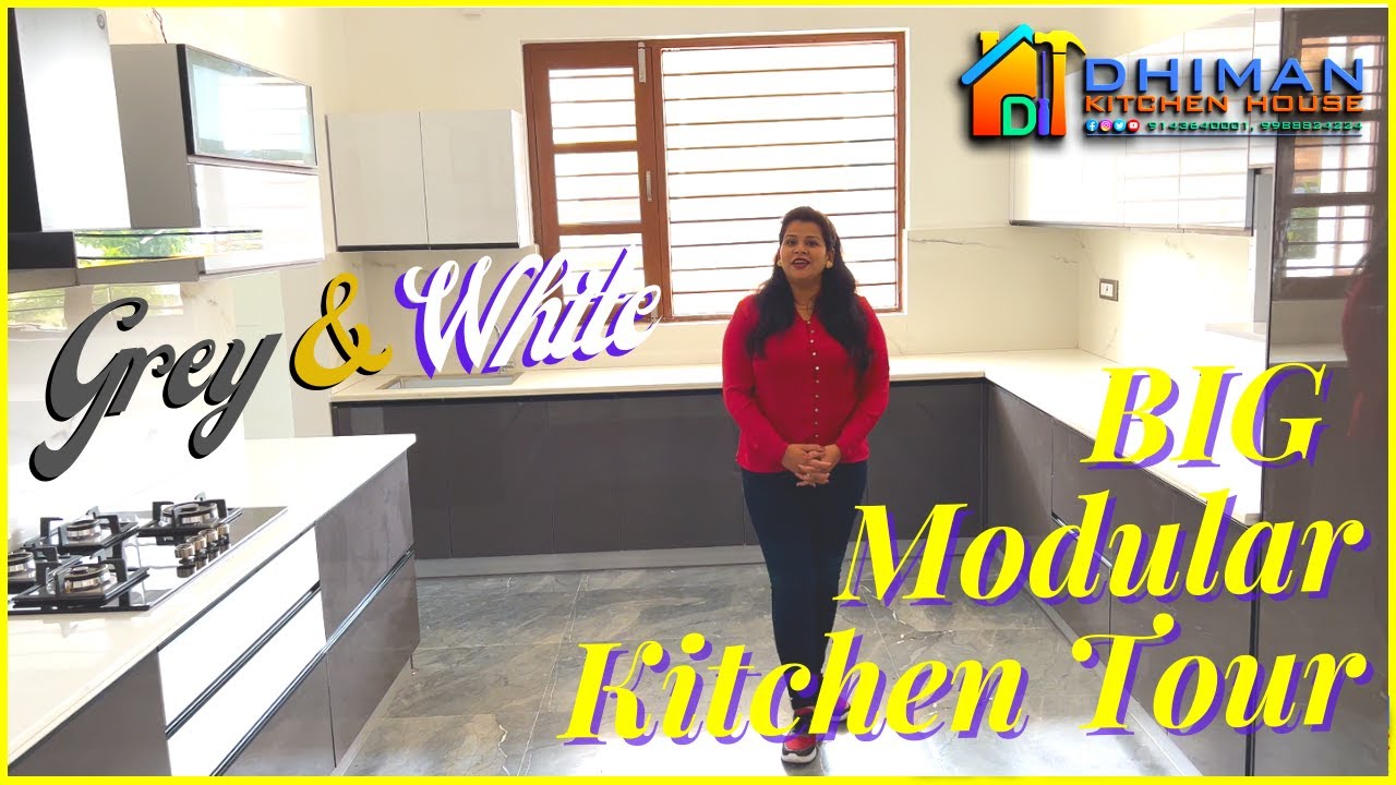 Grey & White colour combination modular kitchen in Acrylic Finish || Dhiman Kitchen House - YouTube