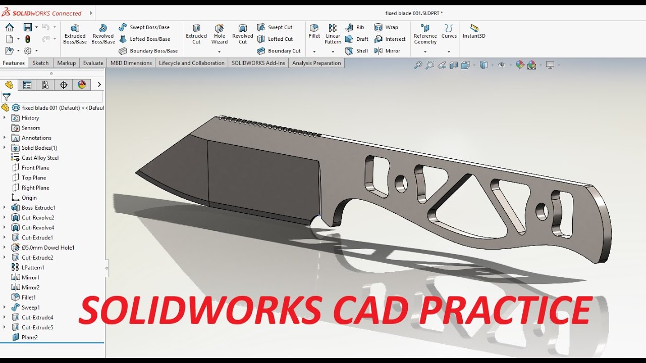 CAD practice 009 - SolidWorks (fixed blade knife) - YouTube