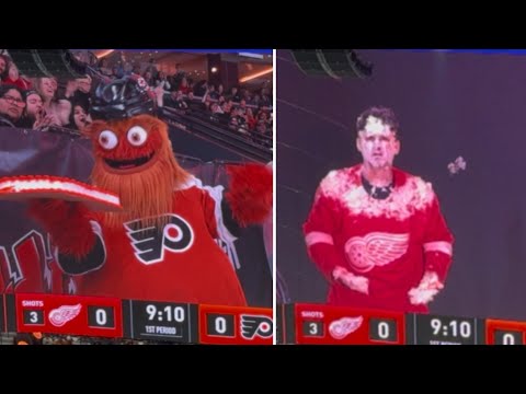 Gritty Throws Cake in Face of Detroit Red Wings Fan | Funny Flyers Mascot Moment 