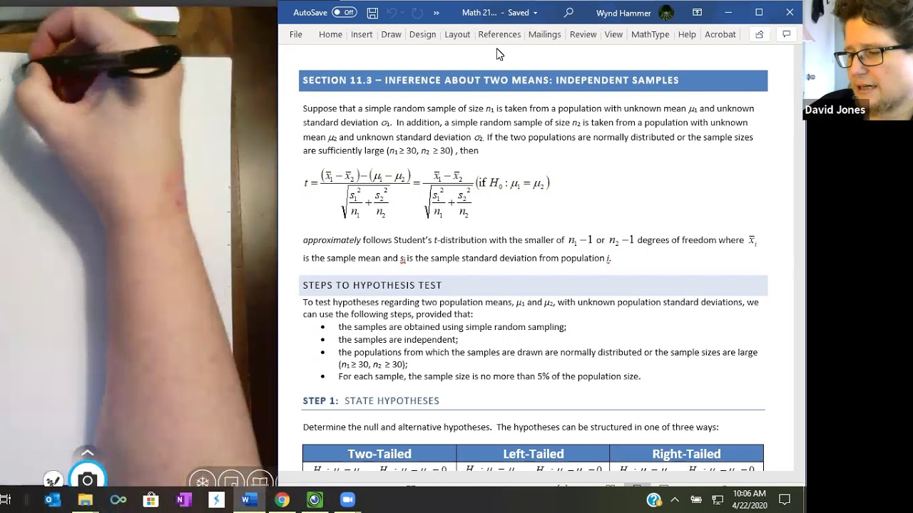 M021 Intro to Stats 11.3 Two Sample Means, Independent Test - YouTube