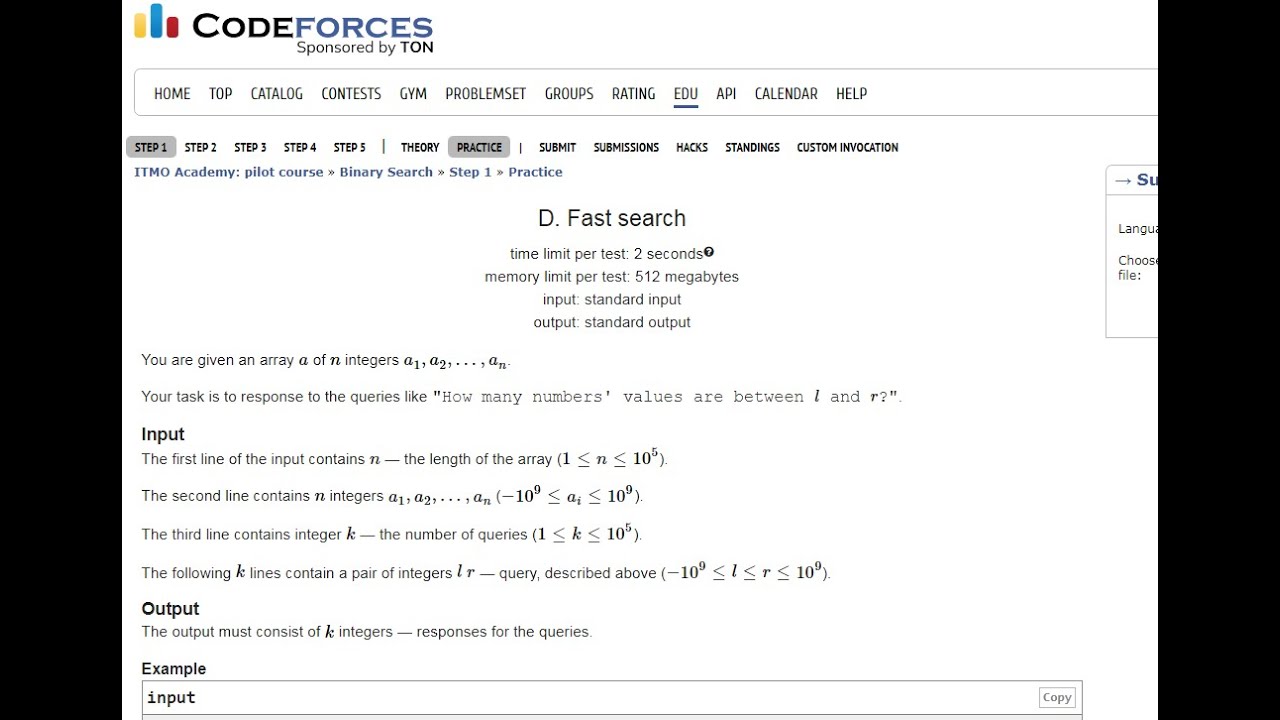 Problem D Fast Search Codeforces Edu Section Binary Search Step 0000