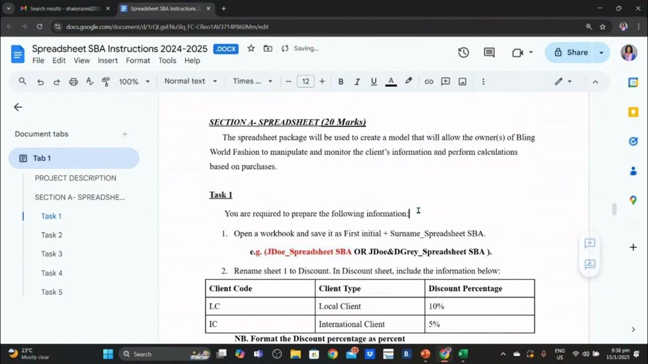 Information Technology SBA 2025|| Spreadsheet Section|| Task 1 & 2 ...