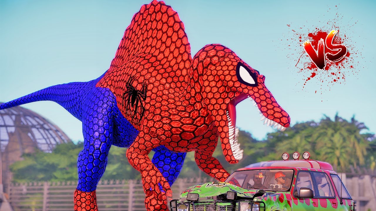 Spider Man Spinosaurus Vs Alien T Rex Dinosaurs Break Out Blue