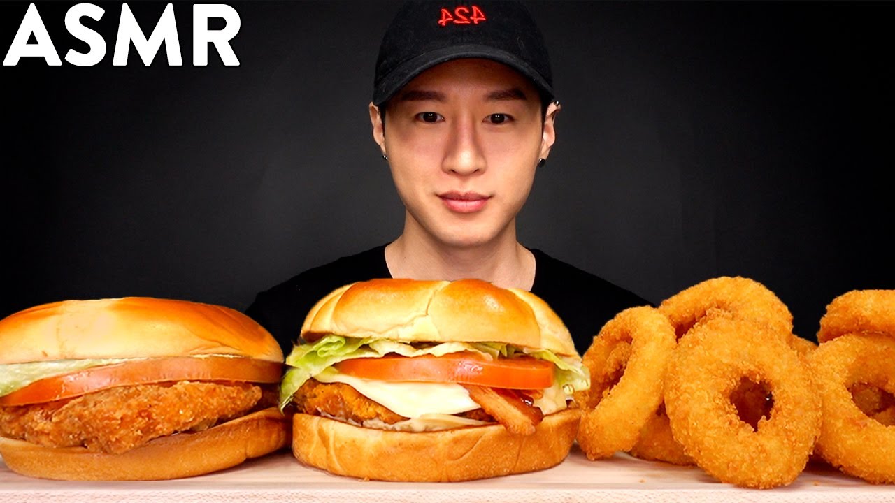 ASMR ONION RINGS & SPICY CHICKEN SANDWICH MUKBANG (No Talking) EATING ...