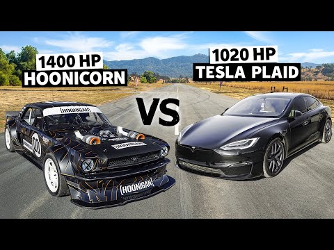 EV vs ICE Drag Race! Tesla Model S Plaid vs Lia Block's 1400hp AWD Hoonicorn