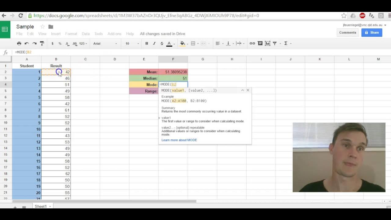 Google Sheets Mean,Median,Mode,Range - YouTube