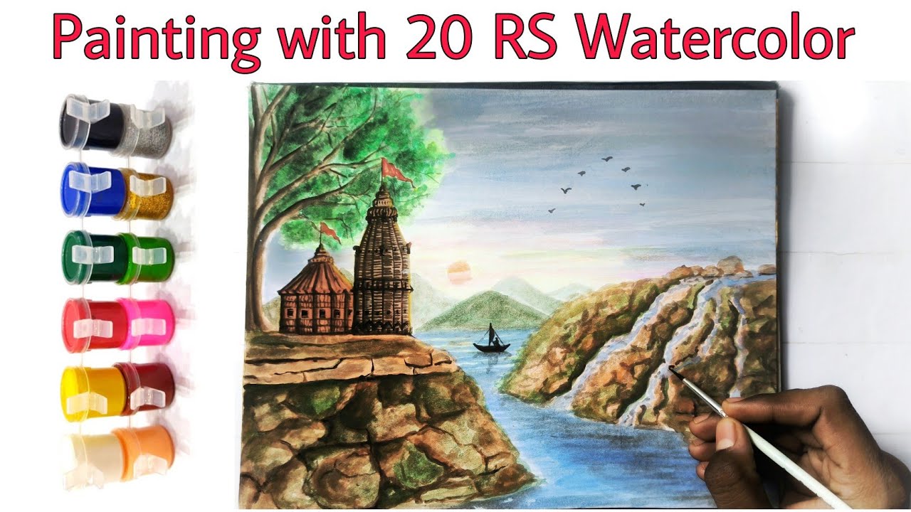 A Beautiful Scenery with Temple painting using 20 Rs Watercolor ...
