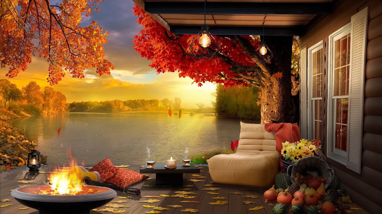 Autumn Cozy Lake House Porch Ambience with Bonfire | Autumn Morning ...